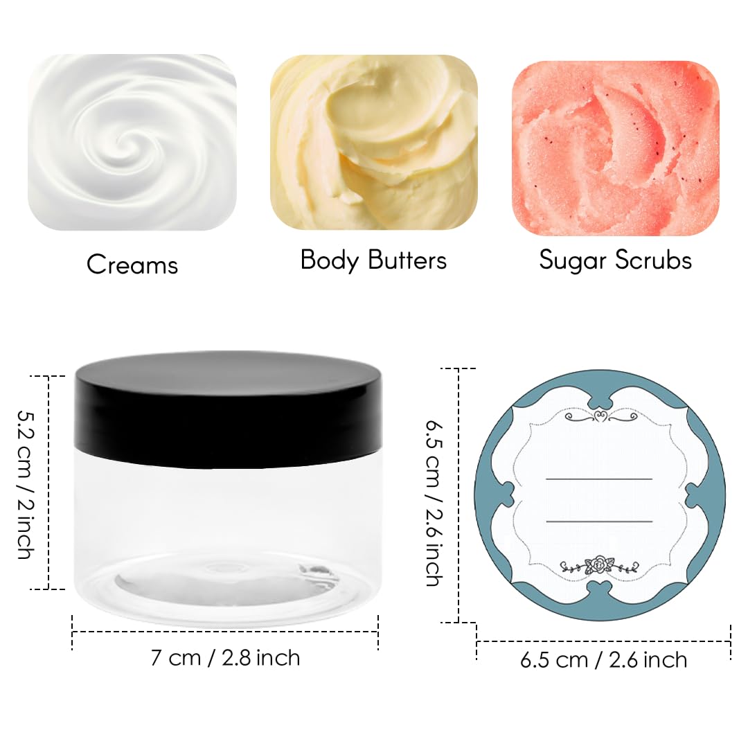 Qeirudu 4 oz Plastic Jars with Lids and Labels, 24 Pack BPA Free Empty Containers Clear Round Cosmetic Jars for Sugar Scrubs, Body Butter, Lotion, Creams