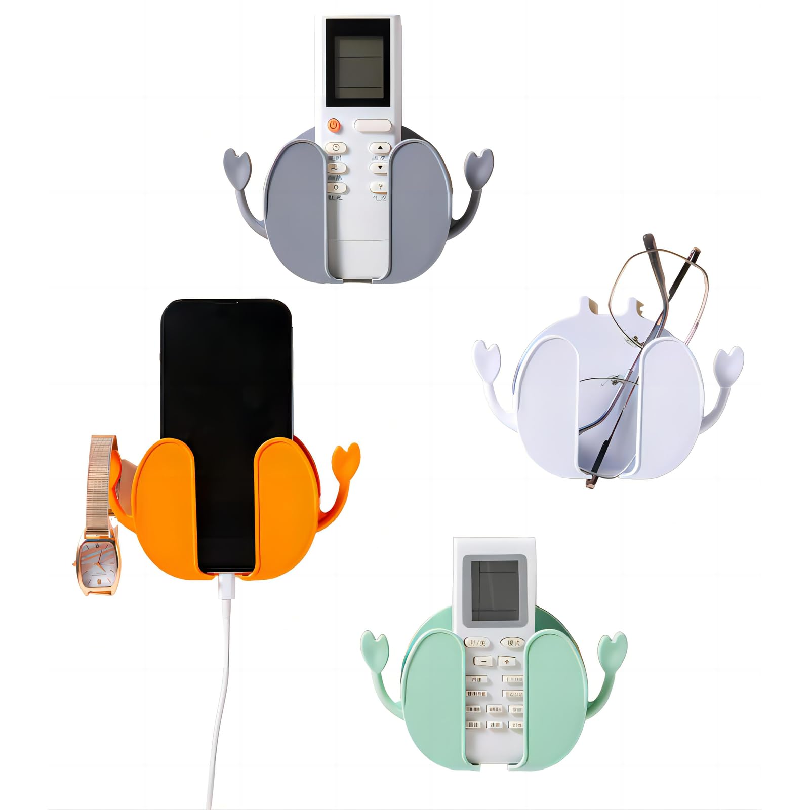 4-piece Wall Mount Phone Holder, Adaptive Remote Holders, wall mounted storage boxes, can be used for mobile phones, remote controls, keys, crab wall shaped storage boxes (Green,Orange,Grey,White)