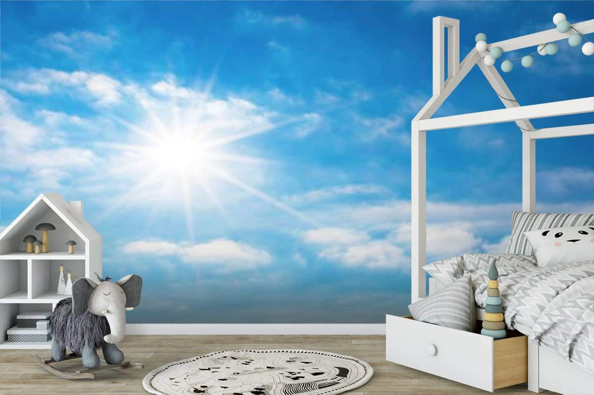 3D Wallpaper The Sun with Bright Rays in The Blue Sky with White Light Clouds Self Adhesive Bedroom Living Room Dormitory Decor Wall Mural Stick and Peel Background Wall Ceiling Wardrobe Sticker
