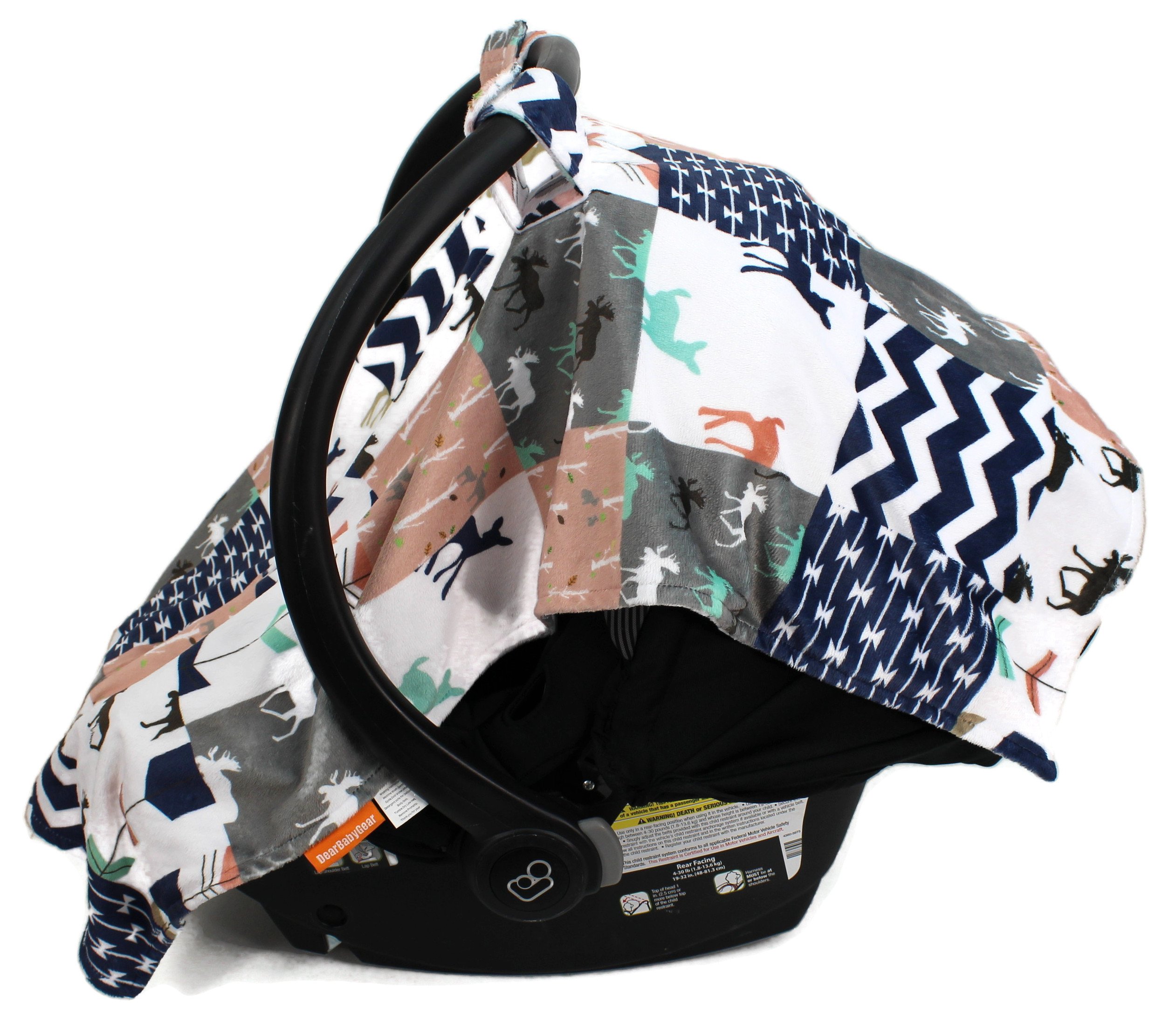 Dear Baby Gear Deluxe Reversible Car Seat Canopy, Custom Minky Print, Woodland Deer Quilt Feathers Pink Mint