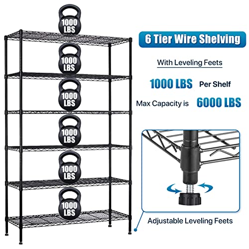 Dkelincs 6 Tier Wire Shelving Unit with Wheels 48" X 18" X 76" Metal Storage Shelves Height Adjustable NSF Heavy Duty Commercial Grade Garage Shelf Rack for Kitchen Basement Restaurant,Black