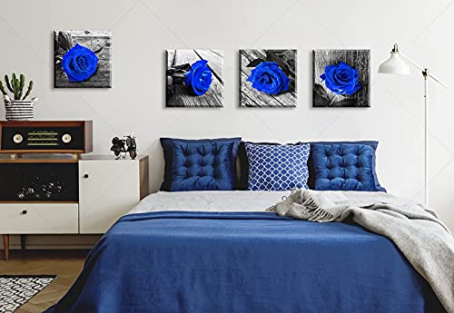 Canvas Wall Art Room Decorations Large Modern Black White Blue Rose Floral Pictures on Grey Valentine'S Day Framed Flower Paintings Decor Multi Panel Turquoise Artwork Living Women Bedroom