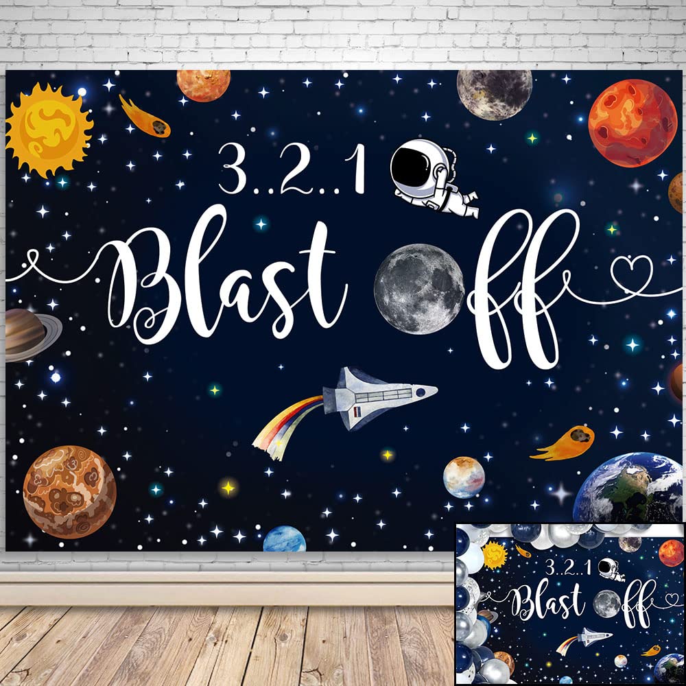 3..2..1.. Blast Off Party Decorations Backdrop, Rocket Astronaut Planet Galaxy Outer Space Boy Girl Party Decorations Supplies, Universe Themed Party Decorations Banner Photo Studio Background (6x4ft)