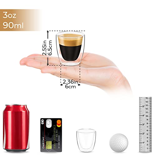 DLux Espresso Coffee Cups 3oz, Double Wall, Clear Glass Set of 2 Glasses, Insulated Borosilicate Glassware Tea Cup Mug