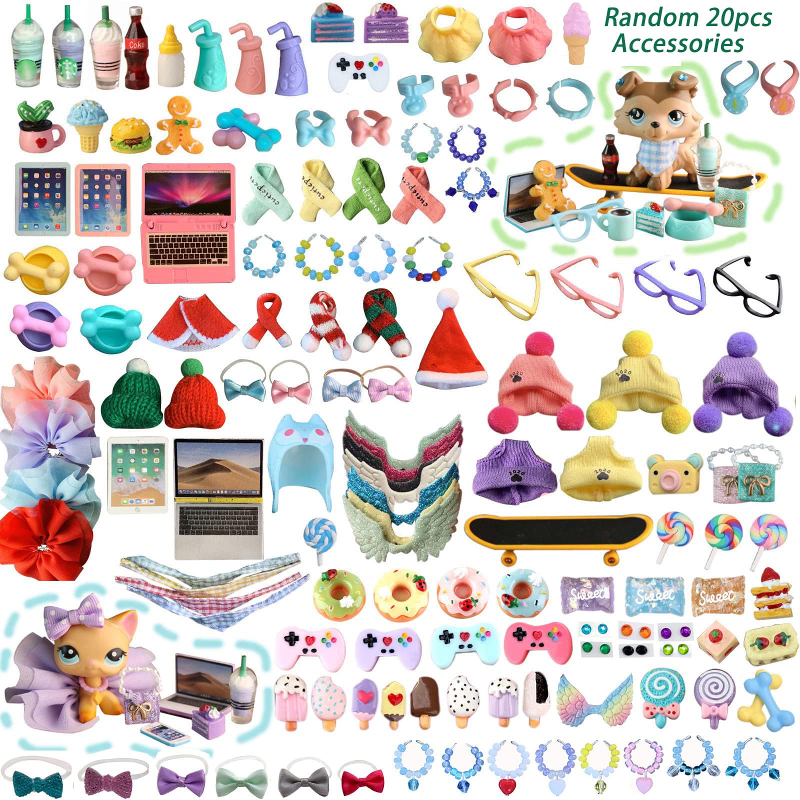 lovelypet lps Accessories 12pcs Random, Handmade Necklace Tablet Glasses Laptop Drinks Hat Lot Accessories for lps Cats and Dogs