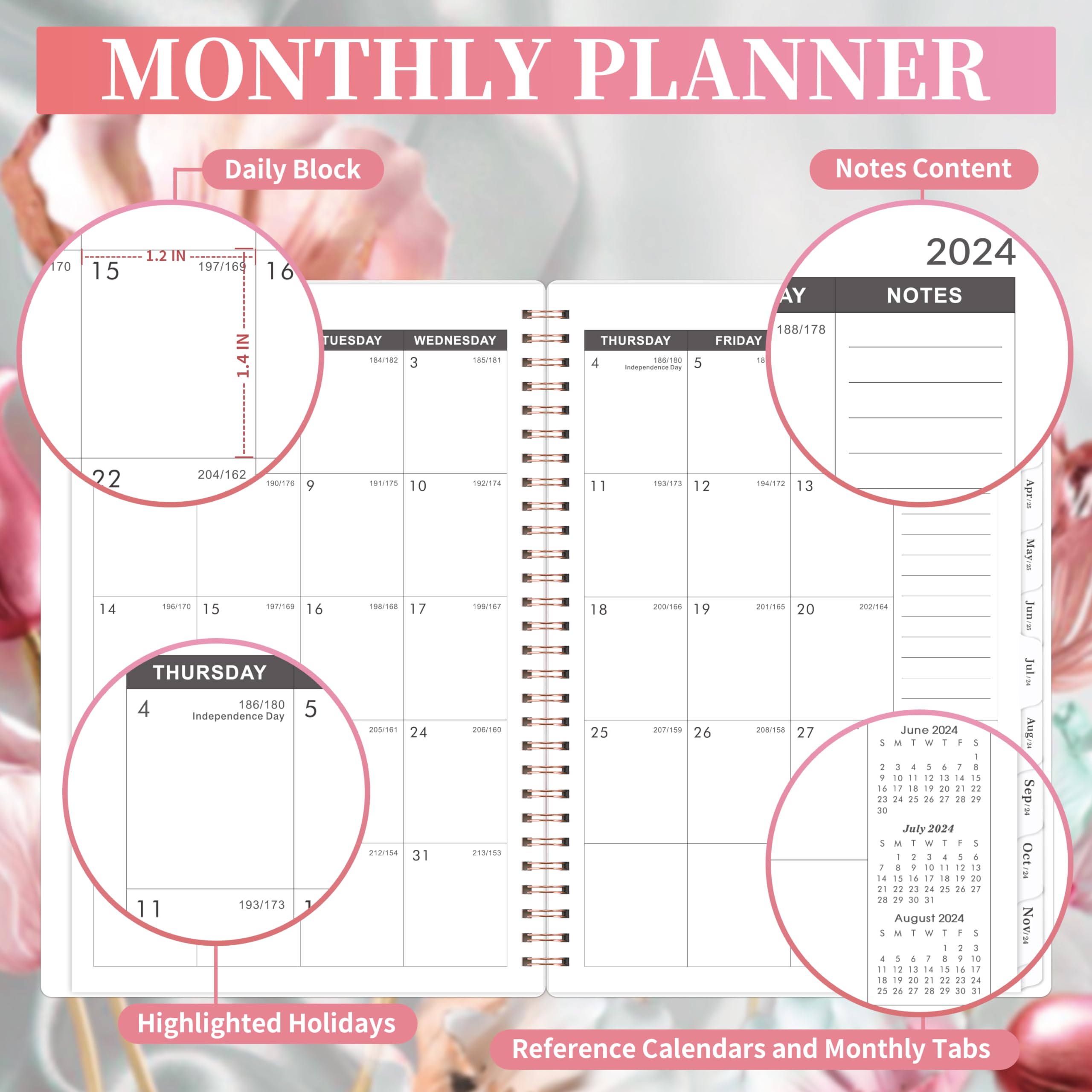 2024-2029 Monthly Planner Spiral Bound - 5 Year Monthly Planner/Monthly Calendar 2024-2029, Jul. 2024 - Jun. 2029, 6.4" x 8.5" - Pink Flower