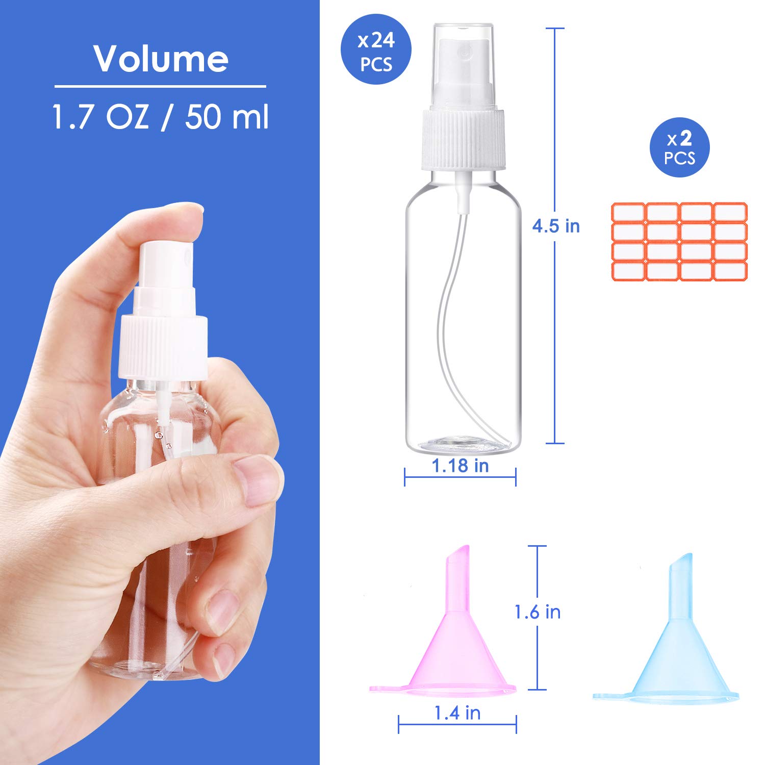 24 Pcs Spray Bottles 2oz / 55ml Clear Empty Mini Spray Bottles Refillable Container Pocket Size Sprayer Set Essential Oils Travel Cleaning Makeup Bottles with 2pcs Funnels 32pcs Labels