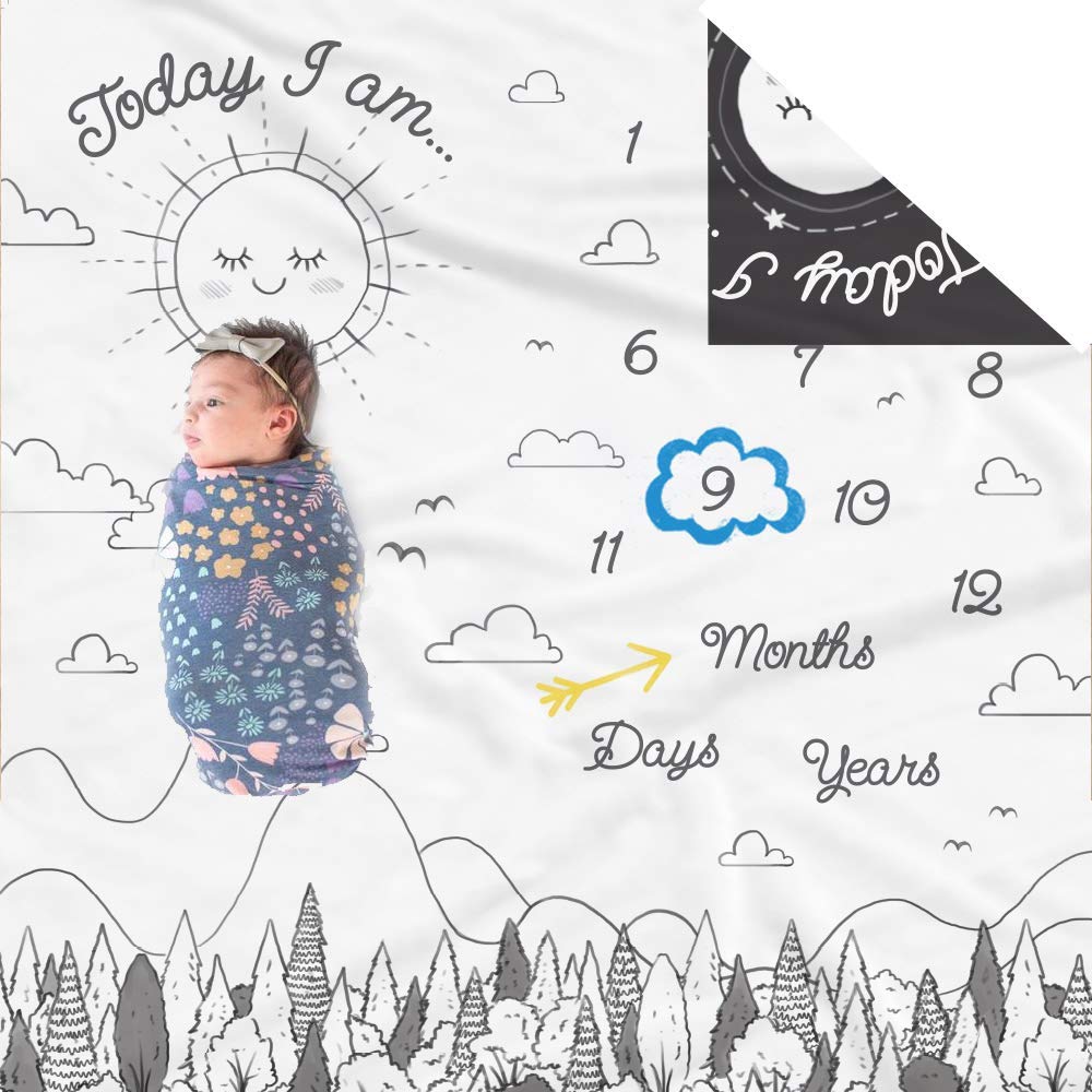 Double Sided Monthly Baby Milestone Blanket- Month Blanket for Baby Pictures | Photo Blanket with Baby Photo Props | Monthly Blankets for Newborns | Baby Boy Girl Milestone Blanket (Black & White)