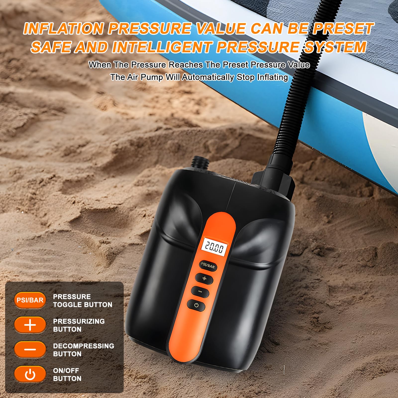 20PSI Electric SUP Paddle Board Pump, High-Pressure Auto-Off Air Pump for Inflatables, Deflation,12V DC Car Connector Air Compressor for Inflatable Stand Up Paddle Boards, Boats, Kayaks（ Blue）