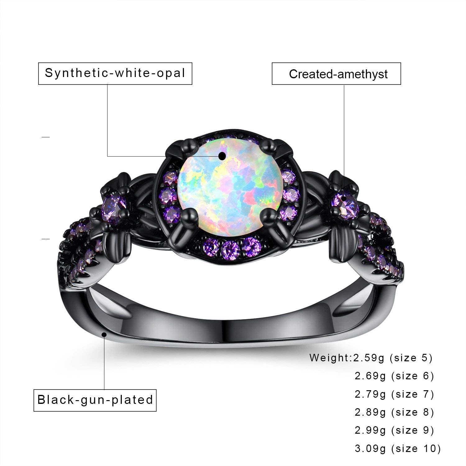 18K Black Gold Plated White Fire Opal Rings for Women October's Birthstone Gemstone Created Amethyst Eternity Wedding Engagement Promise Band (9)