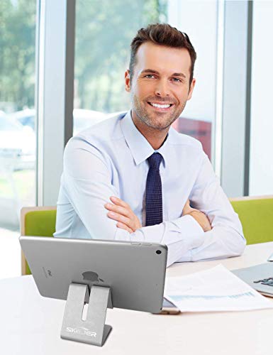 SKEJER Cell Phone Stand, Cellphone Hold, Tablet Dock with Anti-Slip Base, Aluminum Desktop Holder Bracket Compatible with All Smart Phone and Tablets Under 10 Inches-Silver