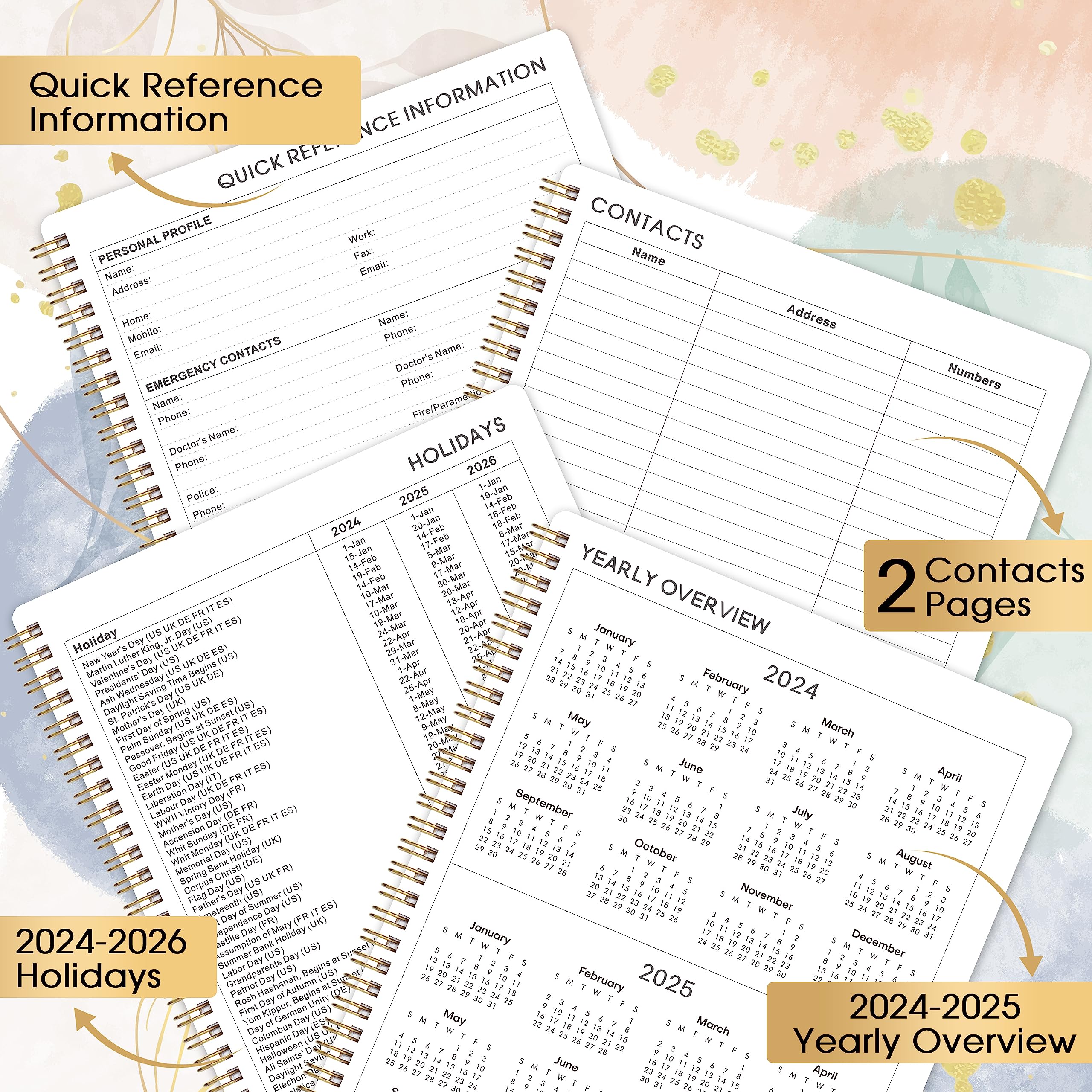 2024 Planner - Planner/Calendar 2024, Jan. 2024 - Dec. 2024, 2024 Planner Weekly and Monthly with Printed Tabs, 8" x 10", Flexible Cover with Thick Paper + Twin-Wire Binding - Waterink