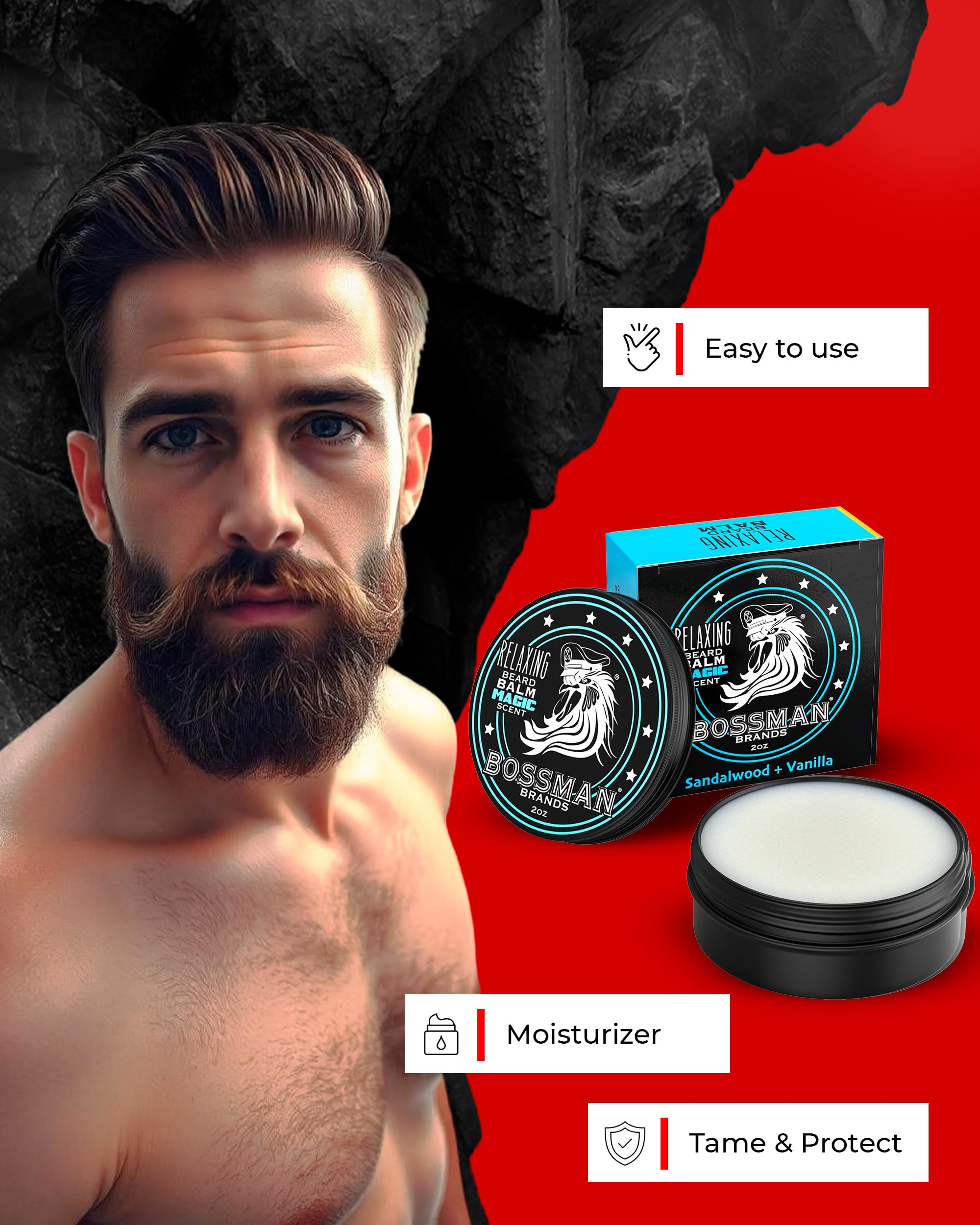 Bossman Relaxing Beard Balm - Beard Tamer, Relaxer, Thickener and Softener Cream - Beard Care Product - Made in USA (Magic Scent)
