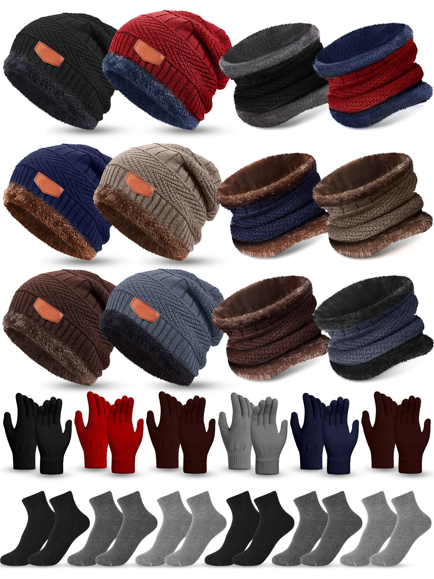 24 Pcs Winter Hat Scarf Gloves Socks Set Slouchy Knit Skull Cap Beanies Fleece Lined Knitted Hat Fleece Lining Neck Warmer Neck Gaiter Warm Sock for Women Men Cold Weather, Multicolor