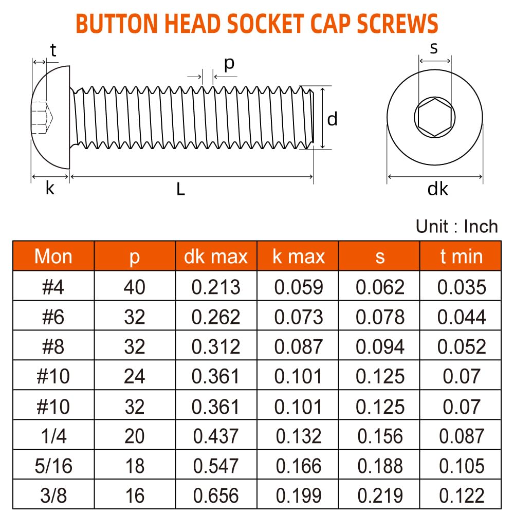 5/16-18 x 1" Button Head Socket Cap Screws, 304 Stainless Steel 18-8, Bright Finish, Coarse Thread Fully Threaded, Allen Hex Drive, 12 PCS