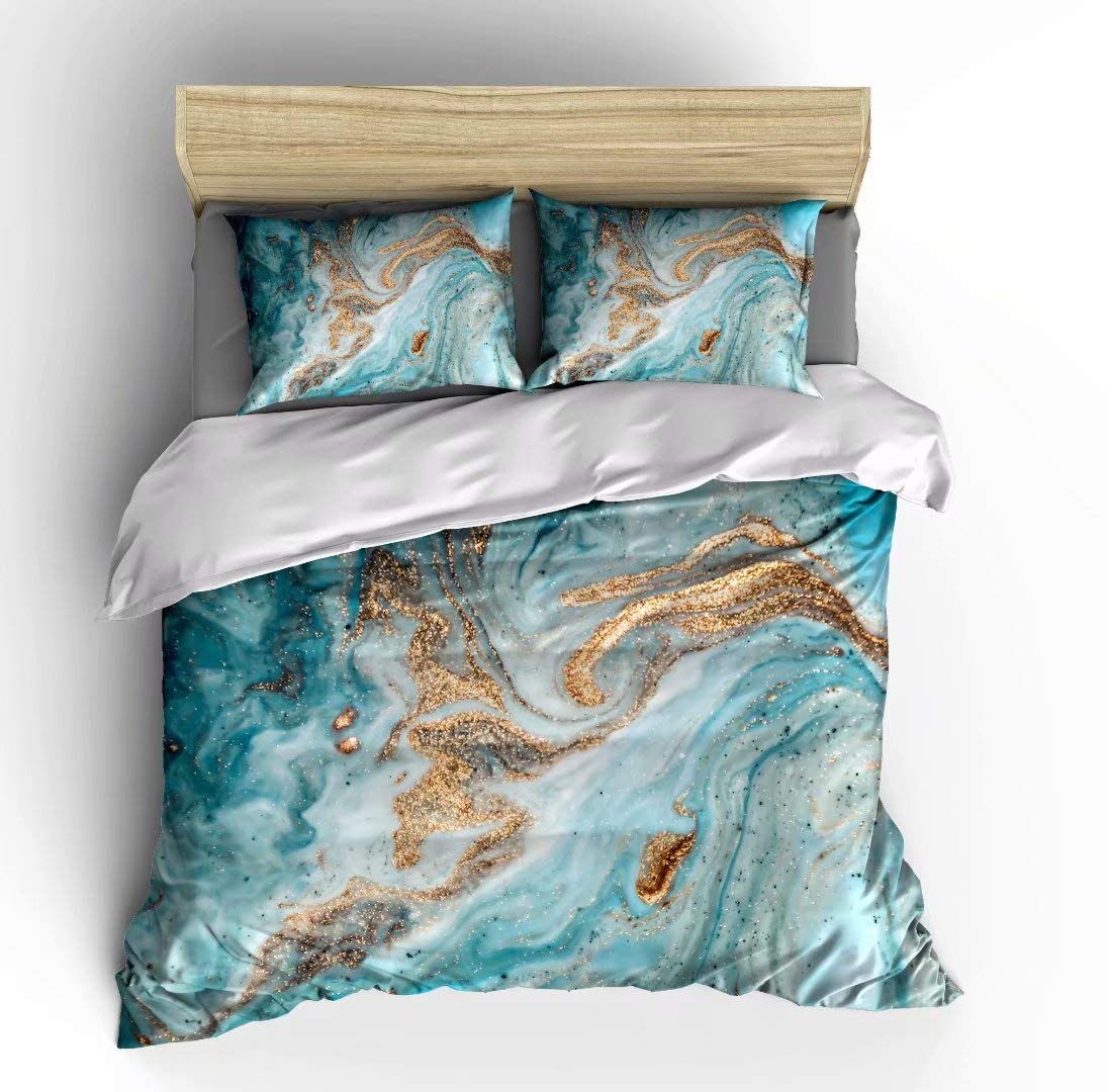 Abojoy Blue and Gold Duvet Cover Set Chic Boho Marble Surf Waves Ocean Current Printed Simple Style Ultra Soft and Easy Care Quilt Comforter Cover Set, Queen
