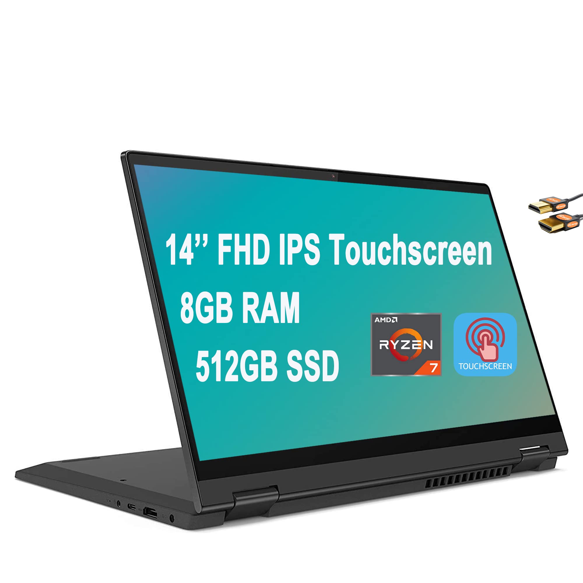 Lenovo Flex 5 2 in 1 Laptop 14" FHD IPS Touchscreen AMD 8-Core Ryzen 7 4700U (Beats i7-10510U) 8GB DDR4 512GB SSD Dolby Fingerprint Backlit Webcam Win 10 + HDMI Cable