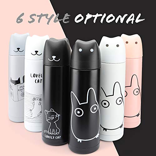 DIFFLIFE Cute Water Bottle For School, Vacuum Insulated Stainless Steel Thermos Mug,2019 New Cute Animals Insulation Bottle (White Cat) (YUNDA)