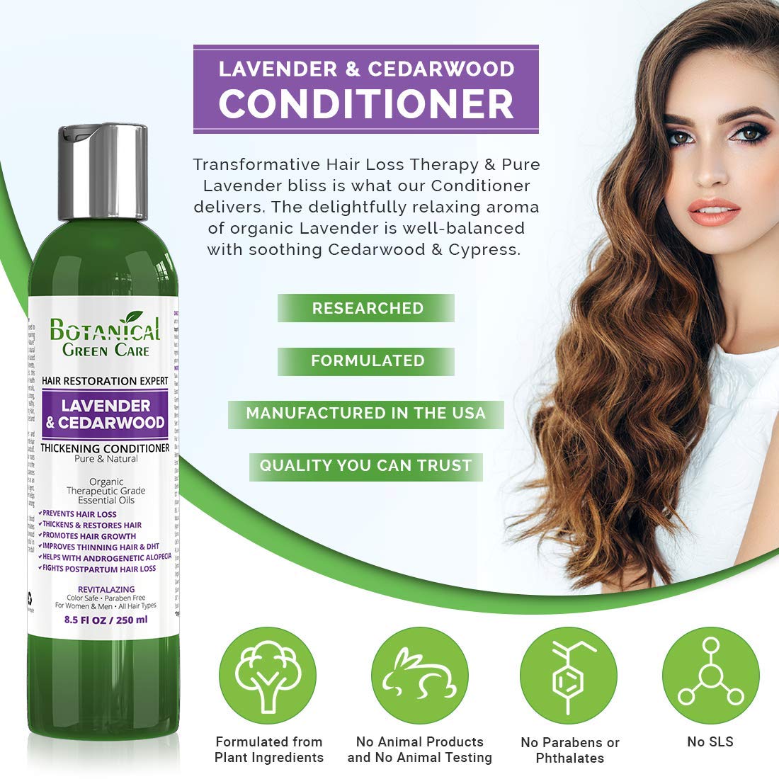 Botanical Green Care 'Lavender & Cedarwood' CONDITIONER - Thickening, Hair Growth, Strengthening Conditioner for Thinning Hair. Color Safe
