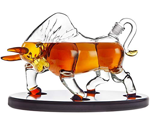 Animal Whiskey Decanter Bull On Wooden Display Tray - For Liquor Scotch Vodka or Wine - 500ml