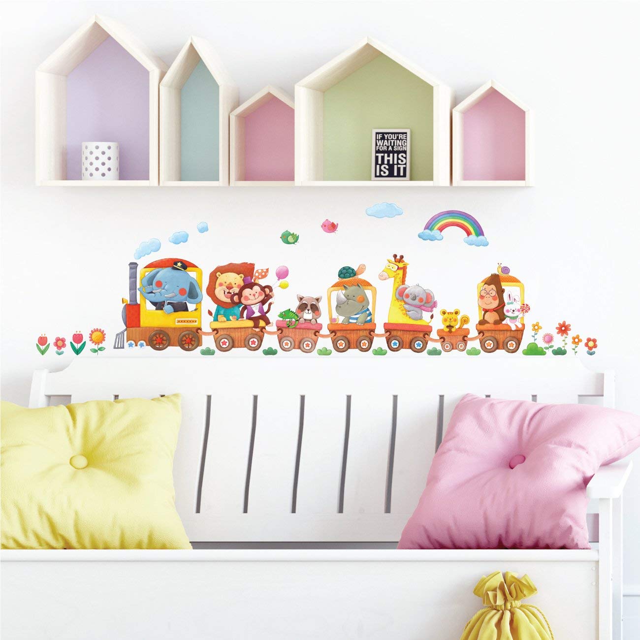 DECOWALL DS-8024 Animal Trains Kids Wall Stickers Wall Decals Peel and Stick Removable Wall Stickers for Kids Nursery Bedroom Living Room (Small) d?cor