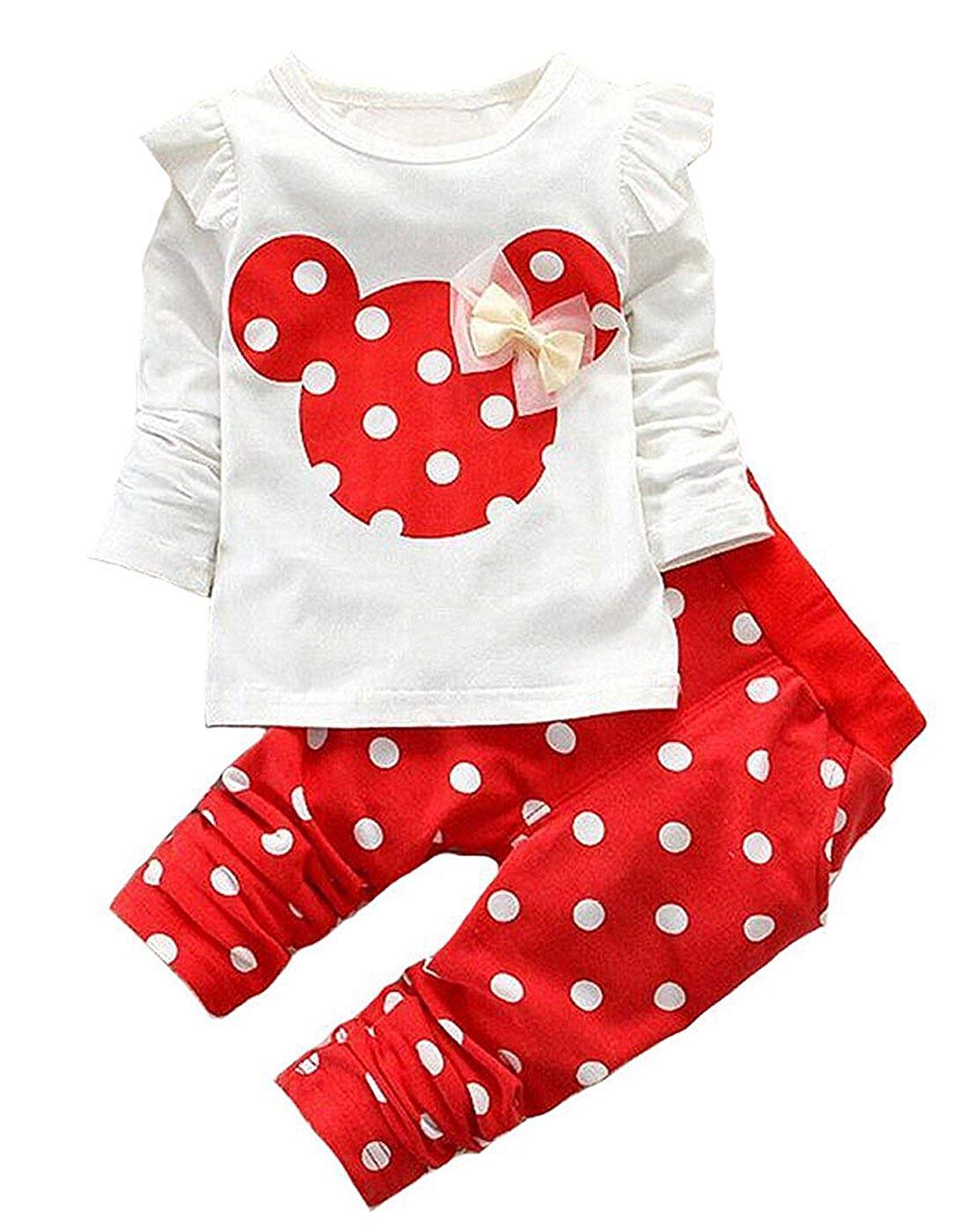 WHBFRG Baby Girl Clothes, 2 Pieces Long Sleeved Cute Toddler Infant Outfits Kids Tops and Pants Set(18-24 Months,Red)