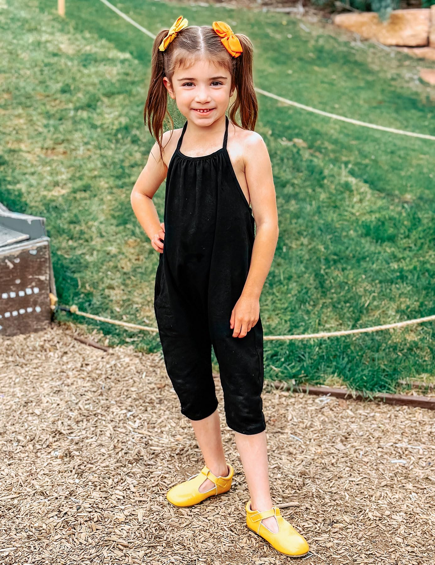RAISEVERN Baby Girl Rompers Backless Slouch Jumpsuit Toddler Kid Jumper Cute Dinosaur Summer Beach Pants Halter Holiday Plain Bodysuit Black, 2-3T