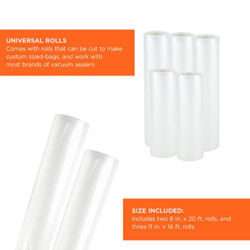 Black + Decker Vacuum Sealer Bags Combo Pack of 5 Rolls, Use for Sous Vide or Meal Prep, BPA Free, Dishwasher Safe, Tear Resistant, Safe to Microwave, Boil, or Freeze