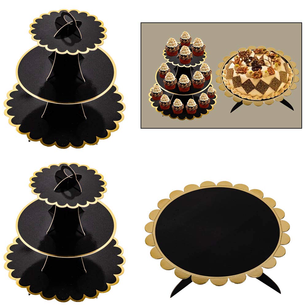 3-Pack Black and Gold Cardboard Cupcake Stand Dessert Tower 3 Tier(2PC) + 1Tier(2PC) Paper Cake Stand