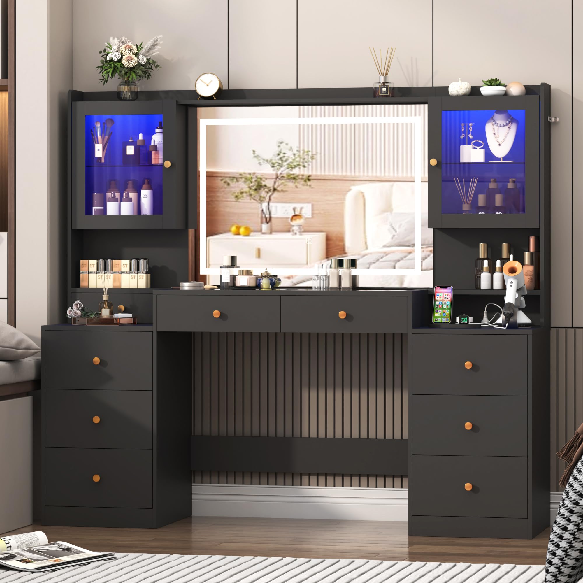 62" Large White Vanity Desk w/ Tempered Glass Top,60000-color LED Lights,Power Outlet, Make up Vanity w/ 3 Lights Mode LED Mirror,9 Drawers,2 RGB Cabinet LED Vanity Table for Women,Girls