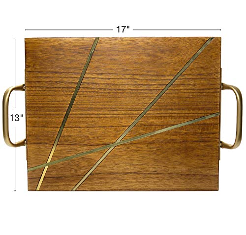 Excello Global Products 13"x17" Inlaid Wood Serving Tray with Metal Handles: Rustic Wooden Board Platter for Liquor Food Dinner Restaurant, Decorative Tray for Coffee Table