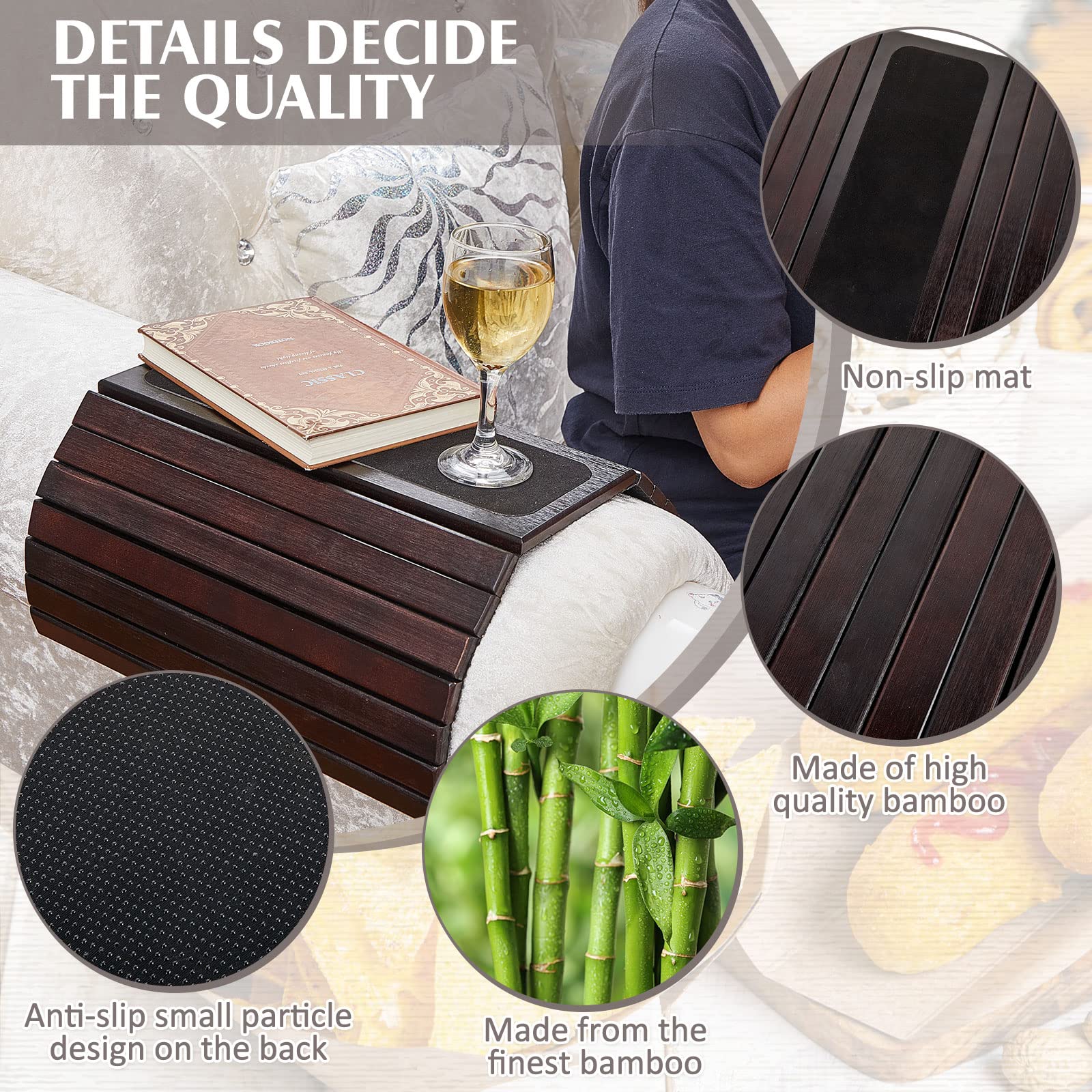 2 Pack Bamboo Wood Sofa Arm Tray Couch Arm Cup Holder Foldable Sofa Armrest Tray Sofa Drink Holder Tray Anti Slip Coaster Portable Sofa Arm Table Holder for Food Snacks Remote Control Phone