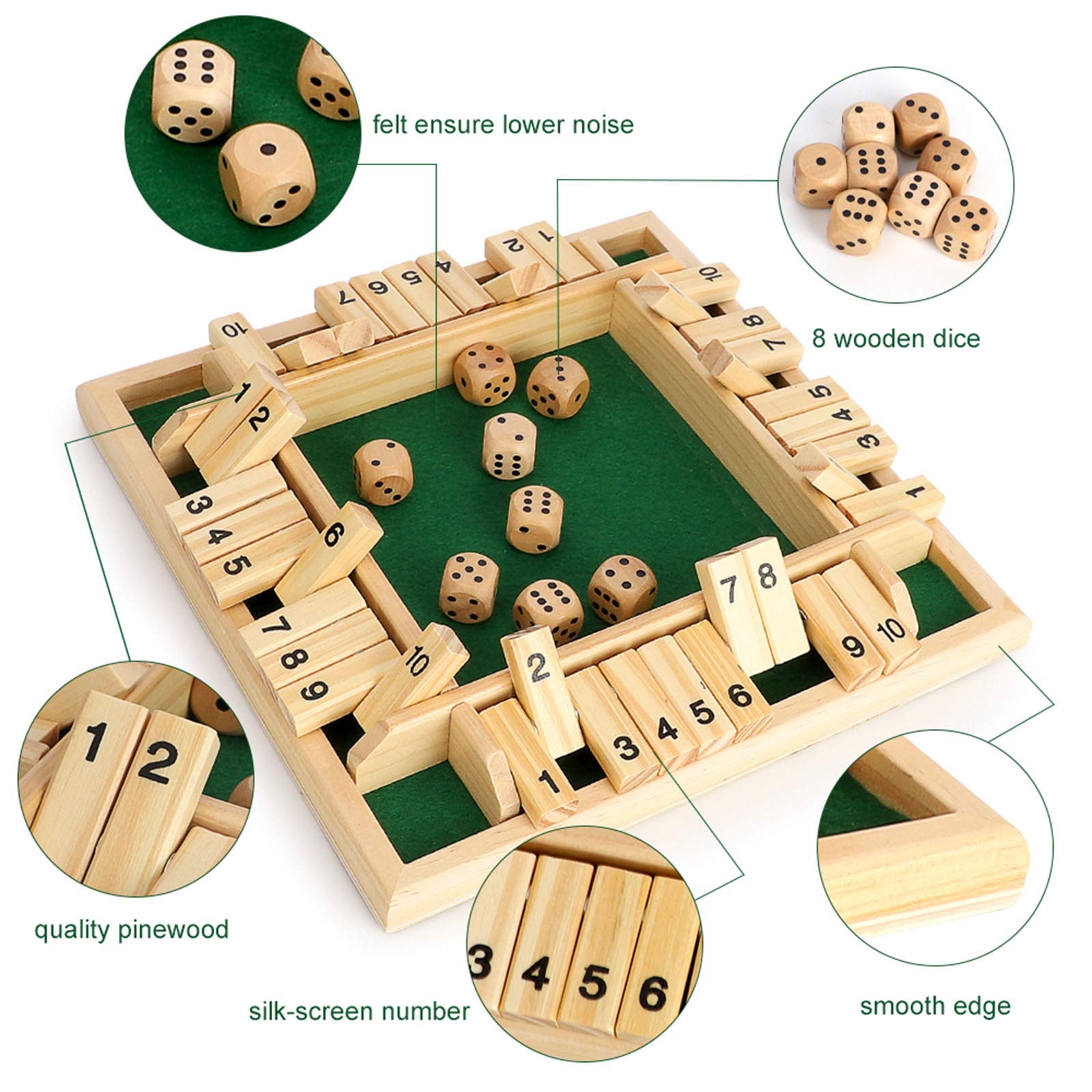 Aomola Shut The Box Dice Game Wooden Board Game for Kids Adults 8 Dice 4 Side 8.66 Inch Travel Game for 2 to 4 Players
