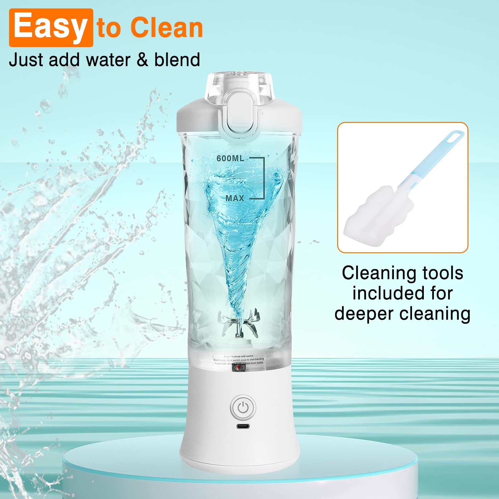 20oz Portable Blender, Personal Size Blender Smoothies and Shakes With 6 Blades, USB Rechargeable Blender Fruit Juicer with 2 Mixing Modes & LED Light, With for Kitchen Outdoor Gym Office (White)