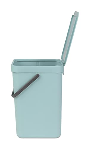 Brabantia Sort & Go Kitchen Recycling Can (3.2 Gal/Mint) Stackable Waste Organiser with Handle & Removable Lid, Easy Clean, Fixtures Included for Wall/Cupboard Mounting