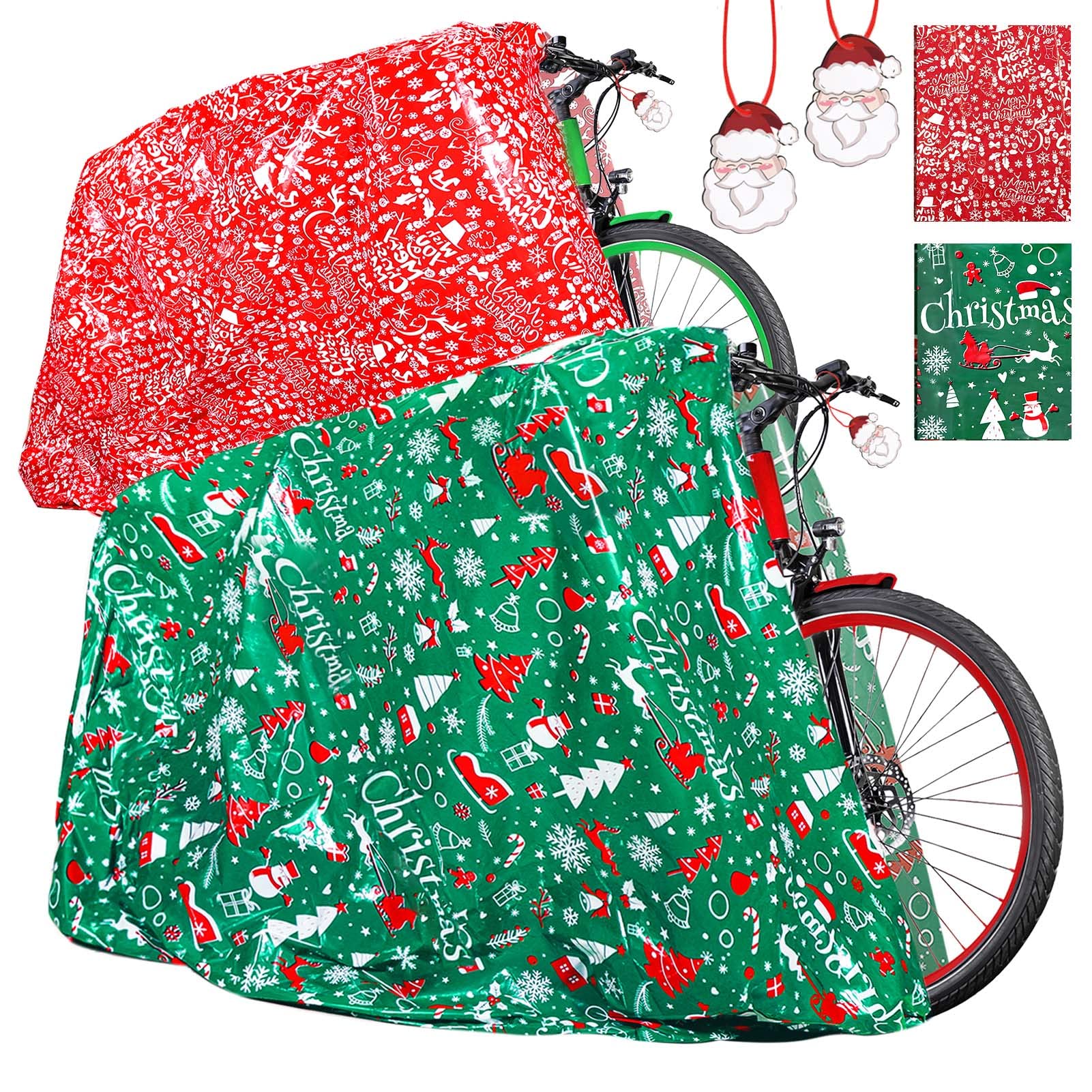 Aboofx 2PCS Extra Large Christmas Bags Bike Bag for Bicycle, 80x60Inch Jumbo Christmas Bag with Tags & String Ties, Giant Wrapping Bag Duty Pack for Christmas Decoration(Red+Green+White)