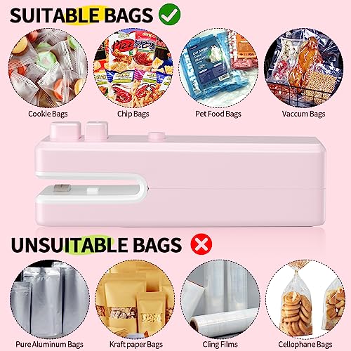 Bag Sealer Mini, 3 in 1 Mini Bag Sealer Heat Seal with Cutter & Magnet, Rechargeable Mini Chip Bag Vacuum Sealer Machine for Reseal Plastic Bags & Keep Snacks Fresh, Portable Kitchen Gadget (PINK)