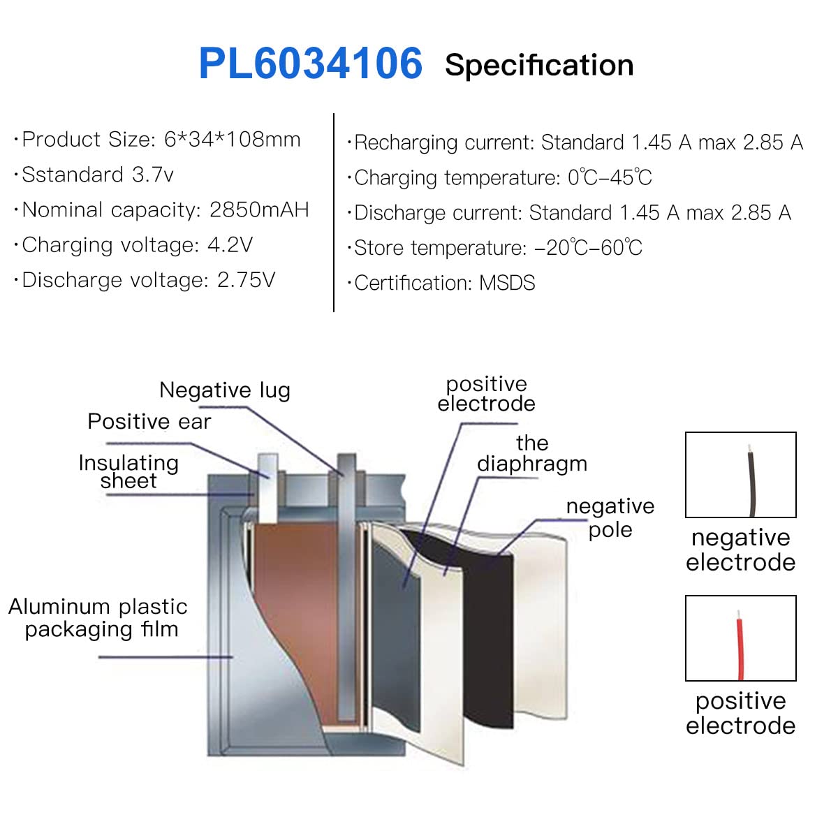 YTKavq 3.7v 2850mAh 6034106 Lithium Polymer Ion Battery Rechargeable Lipo Battery with PH 2.0mm Pitch Connector