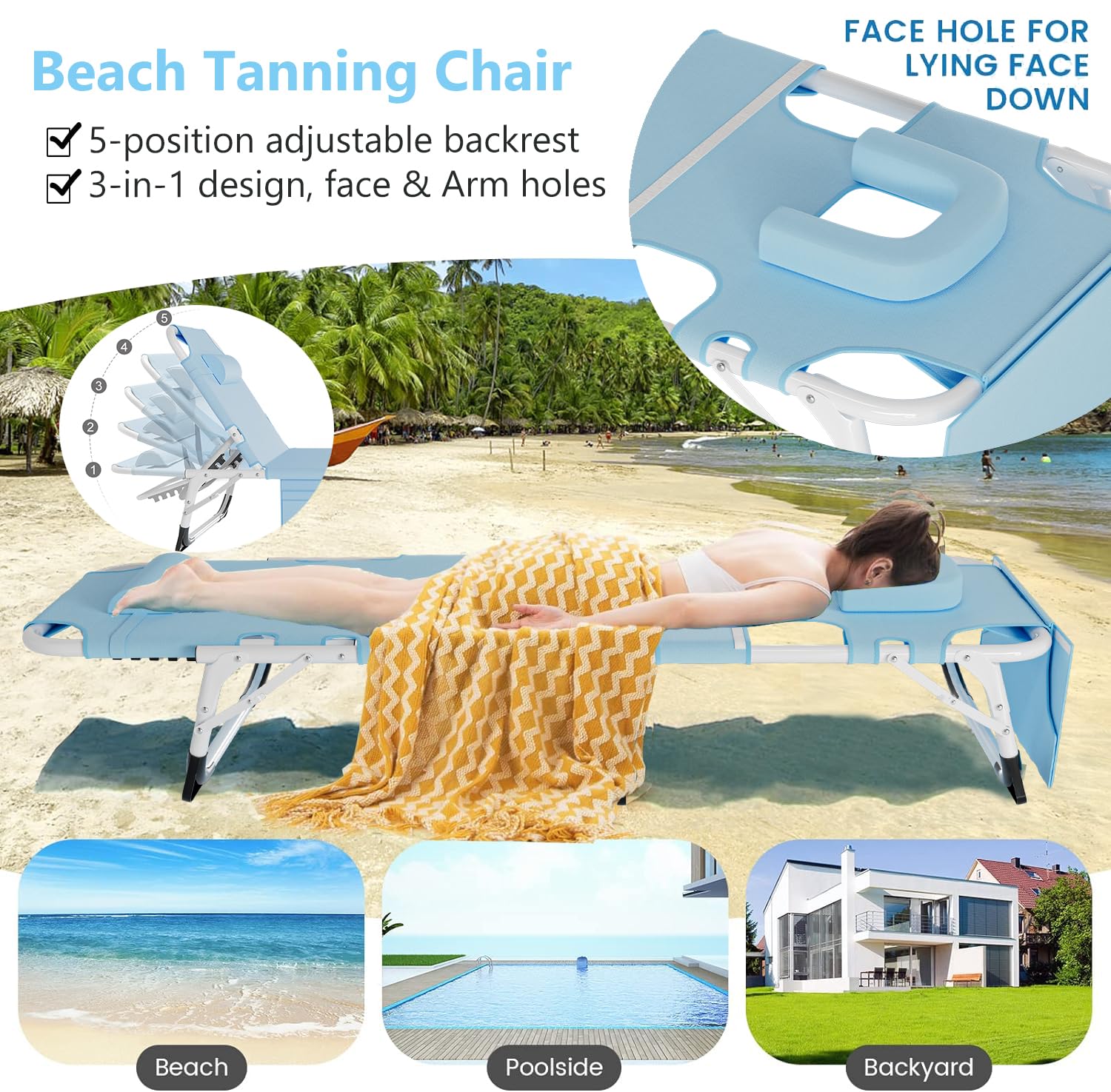 ABORON Patio Lounge Chair, 4in1 Folding Heavy Duty 500LB Loading Chaise Chair, Adjustable Portable Chair for Home Garden Beach Office Nap Camping Sleeping