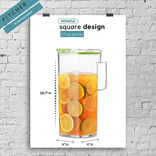 Komax Large Plastic Water Pitcher with Lid Square Water Carafe with Lids β BPA-Free, Dishwasher Safe Plastic Pitcher β Water, Tea, or Juice Containers with Lids for Fridge (2.3 Liters)