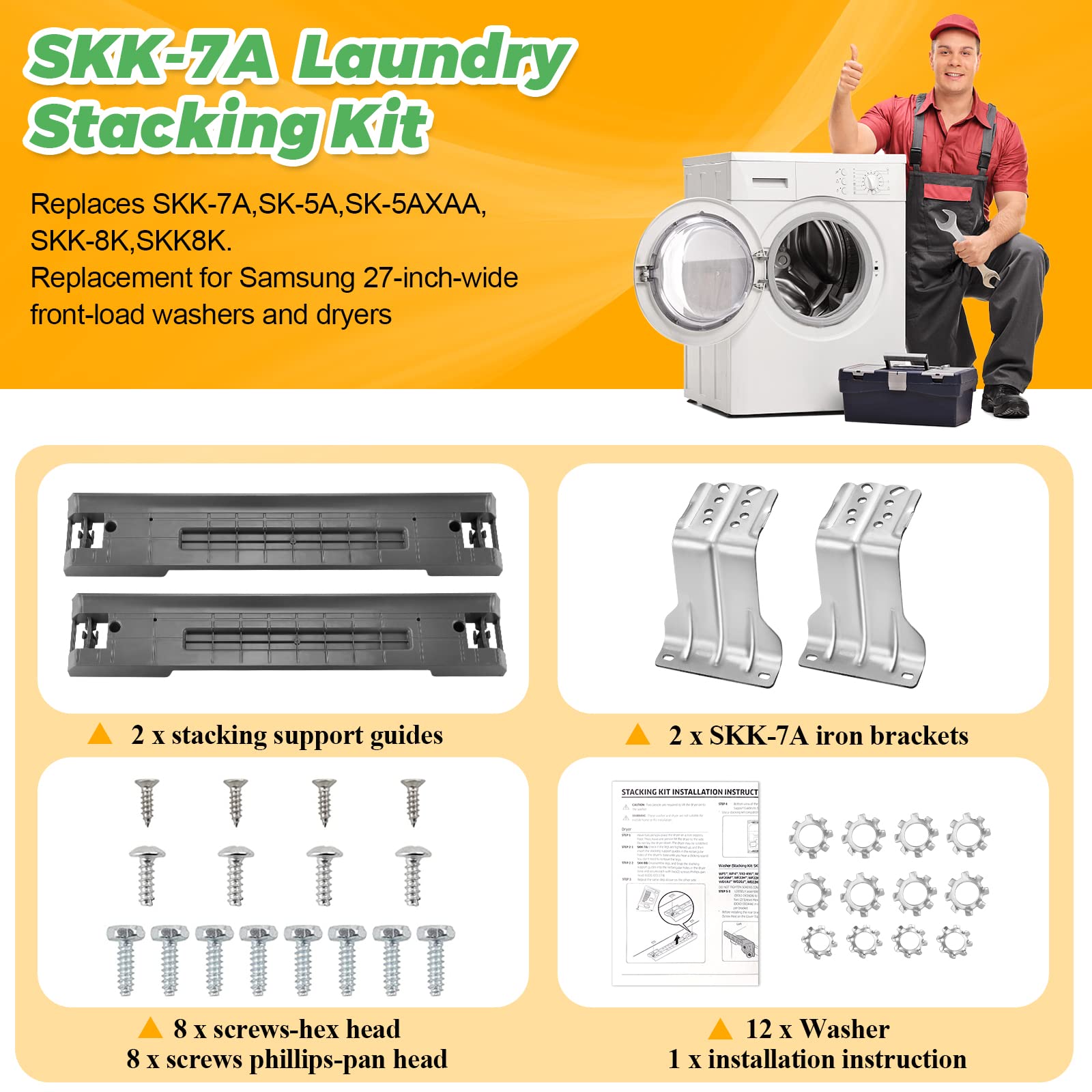 2024 UPGRADED SKK-7A SKK8K Stacking Kit Fit for Samsung Washer & Dryer 27 Inch Front Load Laundry by Techecook - Replace for SKK-7A SK-5A SK-5AXAA SKK-8K SKK8K
