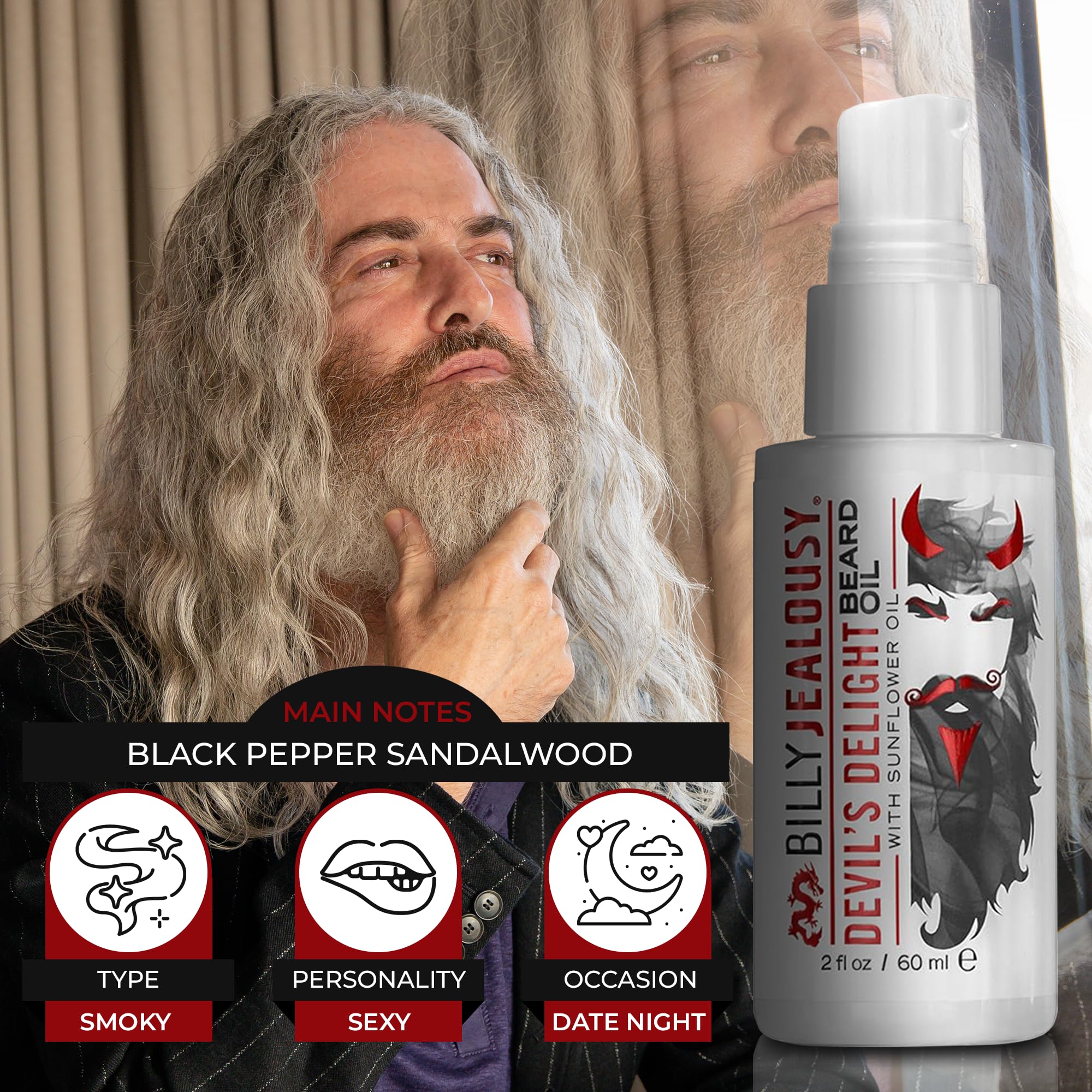 Billy Jealousy Beard Oil for Men, Weightless, Low Shine, and Hydrating Beard Moisturizer for Softer Hair, Helps Prevent Itching and Flakes, Devil's Delight, 2 Fl Oz