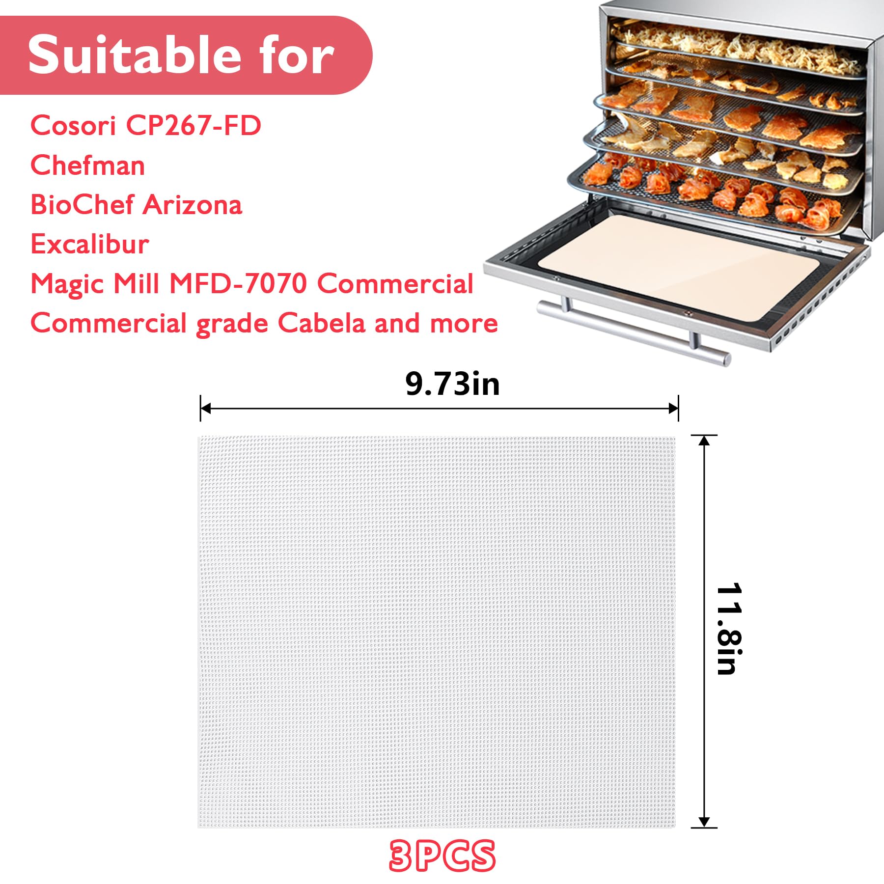 3PCS Silicone Dehydrator Sheets,Fruit Leather Silicone Dehydrator Mats Compatible with Cosori CP267-FD, Non-Stick Food Dehydrator Mats for Fruits Meat Vegetables Herbs