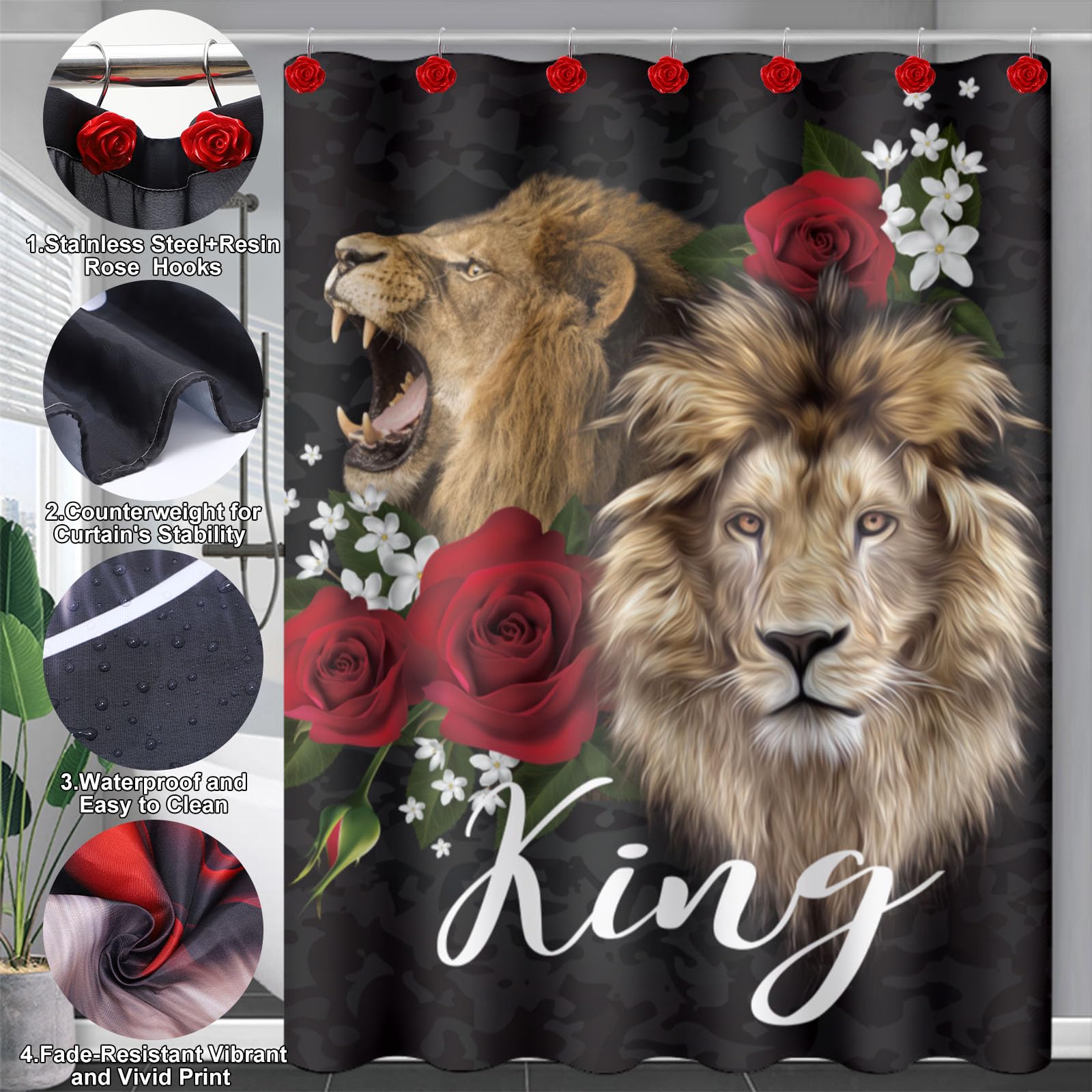 20Pcs Bathroom Sets Rose and Lion Shower Curtain Set with Non-Slip Rugs, Toilet Lid Cover and Bath Mat, 12 Resin Hooks, Bathroom Wall Sign Decor Set