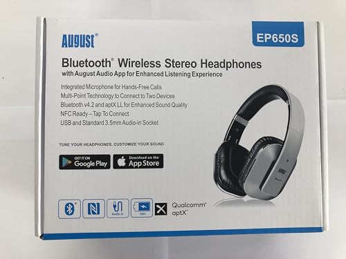 August EP650 Bluetooth Wireless Over Ear Headphones with aptX LL Low Latency/Multipoint/NFC / 3.5mm Audio in/Headset Microphone - Silver