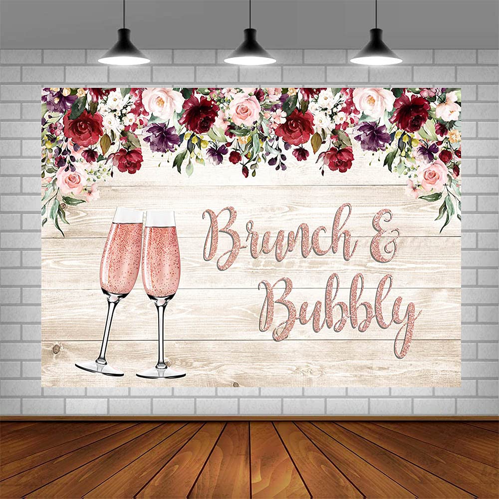 ABLIN 7x5ft Brunch and Bubbly Backdrop for Bridal Shower Rustic White Wood Red Rose Flowers Floor Photo Background Bride to Be Engagement Wedding Party Decorations Banner Props