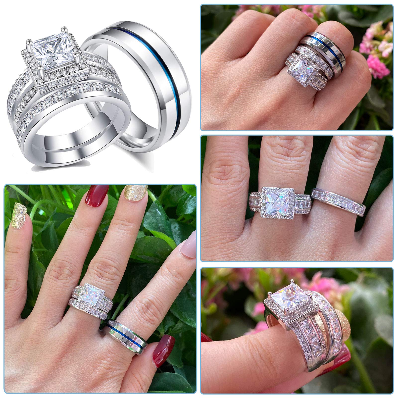 18k Gold Plated Princess Wedding Ring Sets for Him and Her Women Men Titanium Stainless Steel Bands 3.0Ct Cz Couple Rings Size 11&6