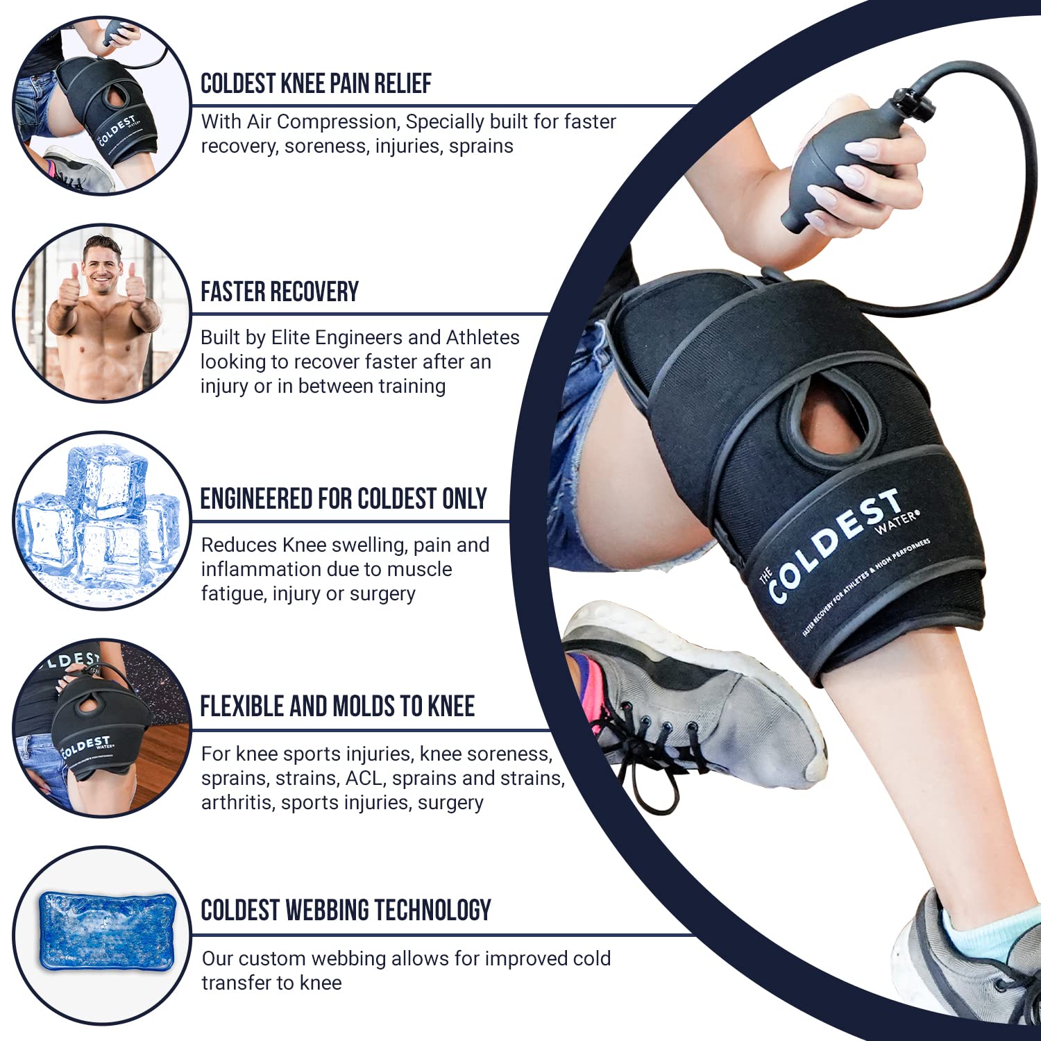The Coldest Knee Ice Pack with Air Compression - Reusable Ice Packs Wrap for Targeted Cold Therapy - Knee Compression Sleeve for Knee Pain, Injury Recovery, Sprains, Swelling, & More