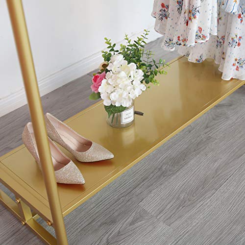 HOMEKAYT Gold Clothing Rack Modern Boutique Display Rack with 2-Tier Shelf Full Metal Garment Rack Multiple Uses Hanging Rack for Home and Retail (47.2ββL)