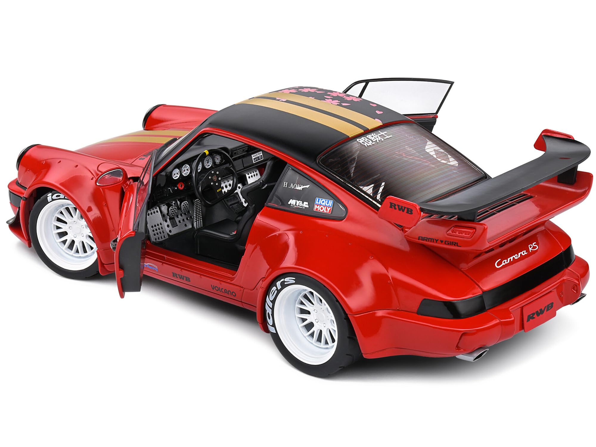 2021 RWB Bodykit #40 Red with Gold Stripes, Black Top and Cherry Blossom Graphics Red Sakura 1/18 Diecast Model Car by Solido S1807506